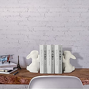 BestAlice 2 Pcs Rabbit Bookends, Bunny Book Ends for Shelves, Ceramic Animal Figurine Book Ends Stands Shelves Organizer, Heavy Duty Bookends to Hold Books, White Rabbit Home Decor