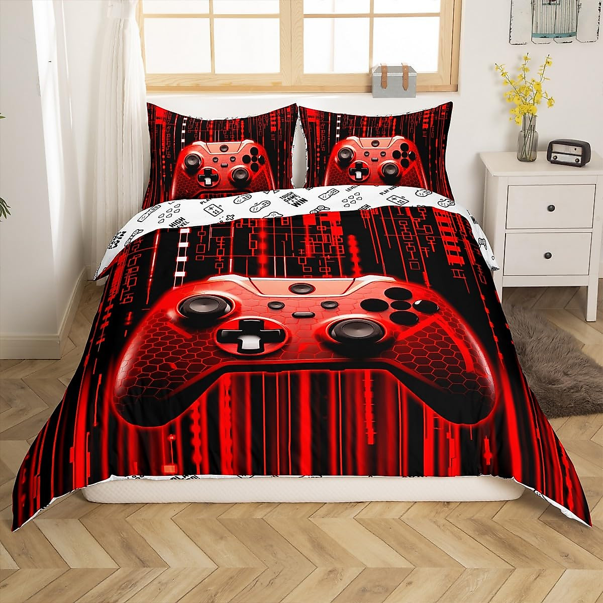 Gaming Gamepad Kids Duvet Cover Set Full Size,Neon Light Geometric Honeycomb Hexagon Bedding Set,Boys Girls Room Decor,Modern Videogames Controller Comforter Cover,Red Quilt Cover,2 Pillowcases