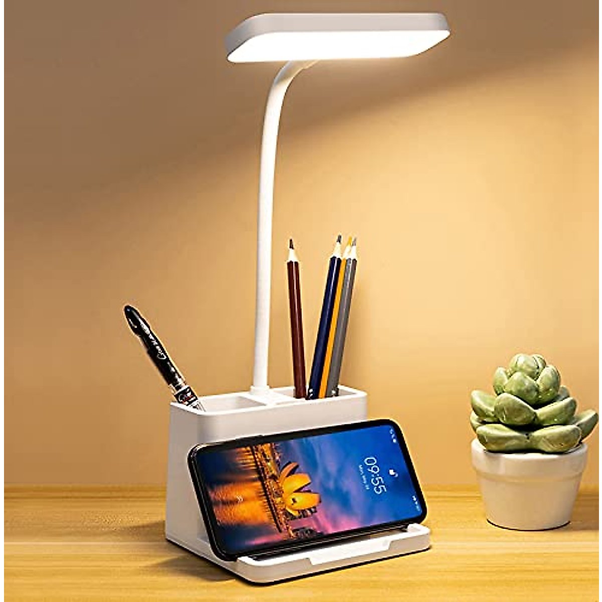 LED Desk Lamp with Pen & Phone holder, USB Rechargeable Book Reading Light,Eye-Caring Study Lamp for Kids, Touch Table Lamp with Flexible Gooseneck for Home,Office,3 Color Modes & Stepless Dimming