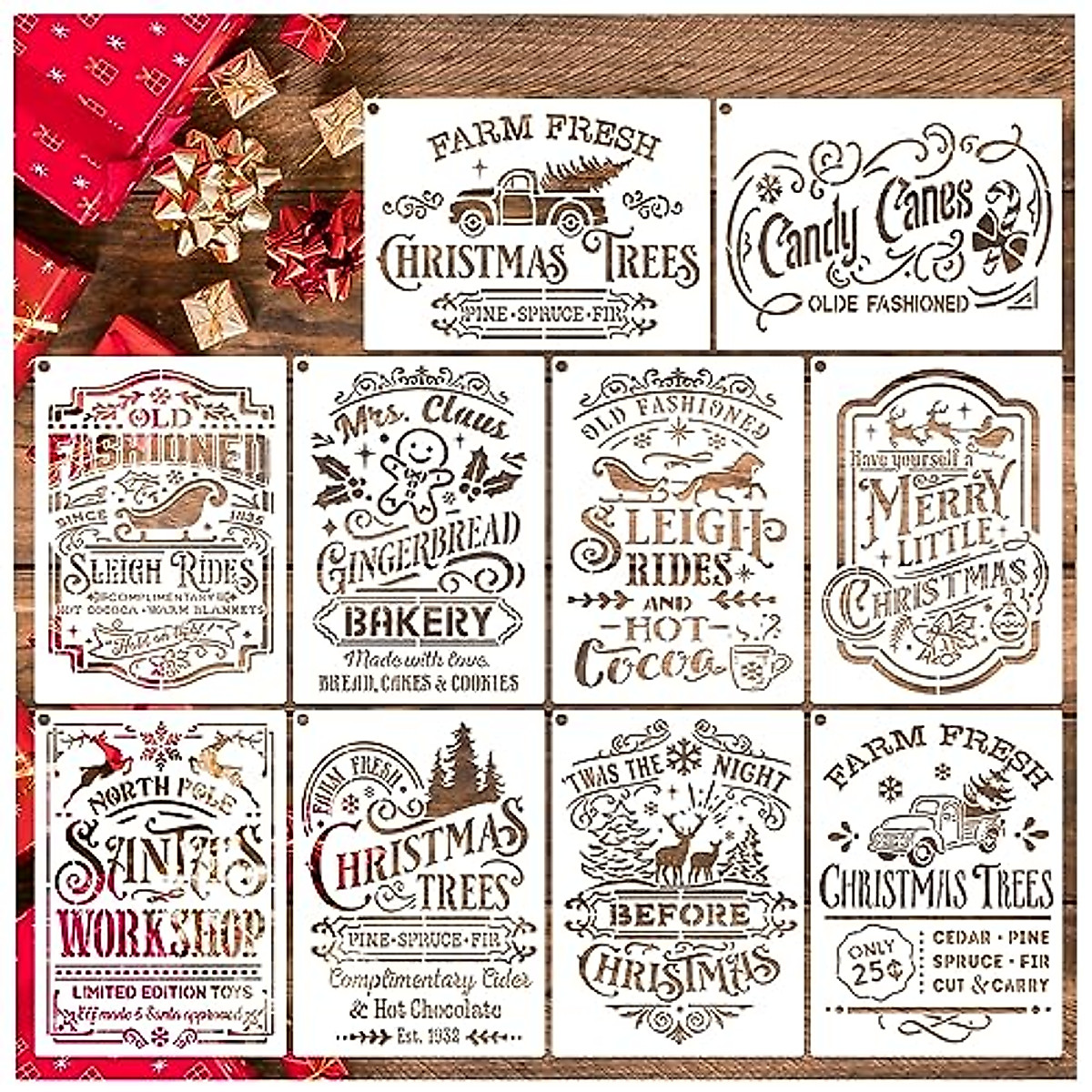 10 Pieces Christmas Stencils Reusable, 8 X 11 Inch Holiday Farm Fresh Christmas Tree Stencils for Painting on Wood Sign DIY Crafts Fabric Canvas Winter Decor (10pcs A4 chrismtas-old)
