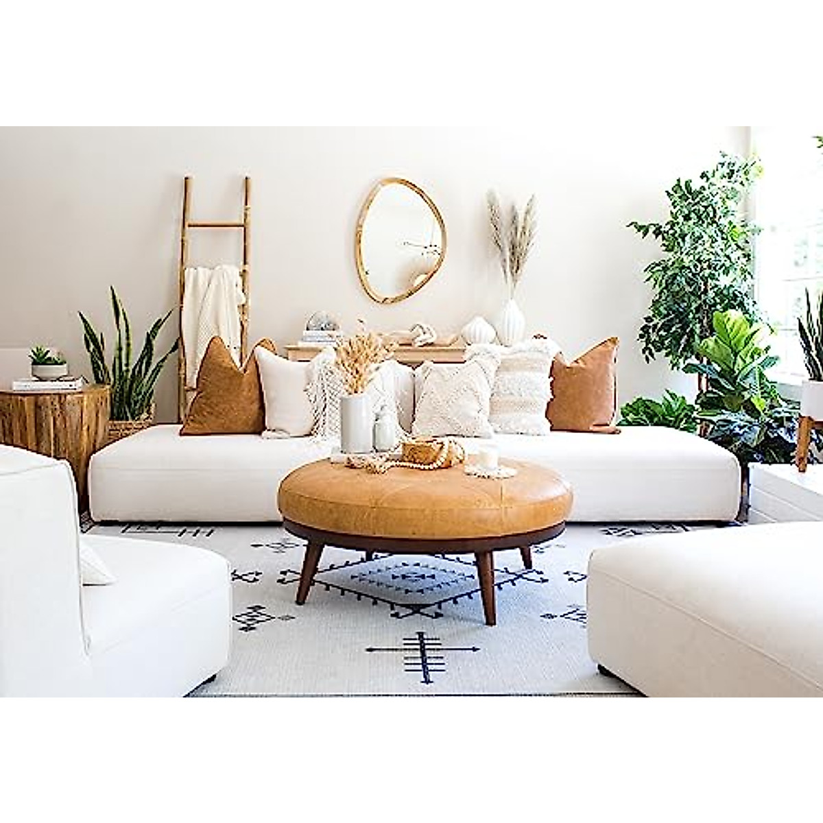 POLY & BARK Gio Modern Leather Ottoman Pouf (Cognac Tan)