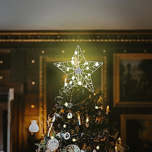 YEAHOME Christmas Tree Topper, Lighted Hollow 5-Point Star Tree Topper, Wire Star for Christmas Treetop with 20 LED Lights Xmas Tree Topper for Christmas Tree Ornament Decoration, Silver Glittered