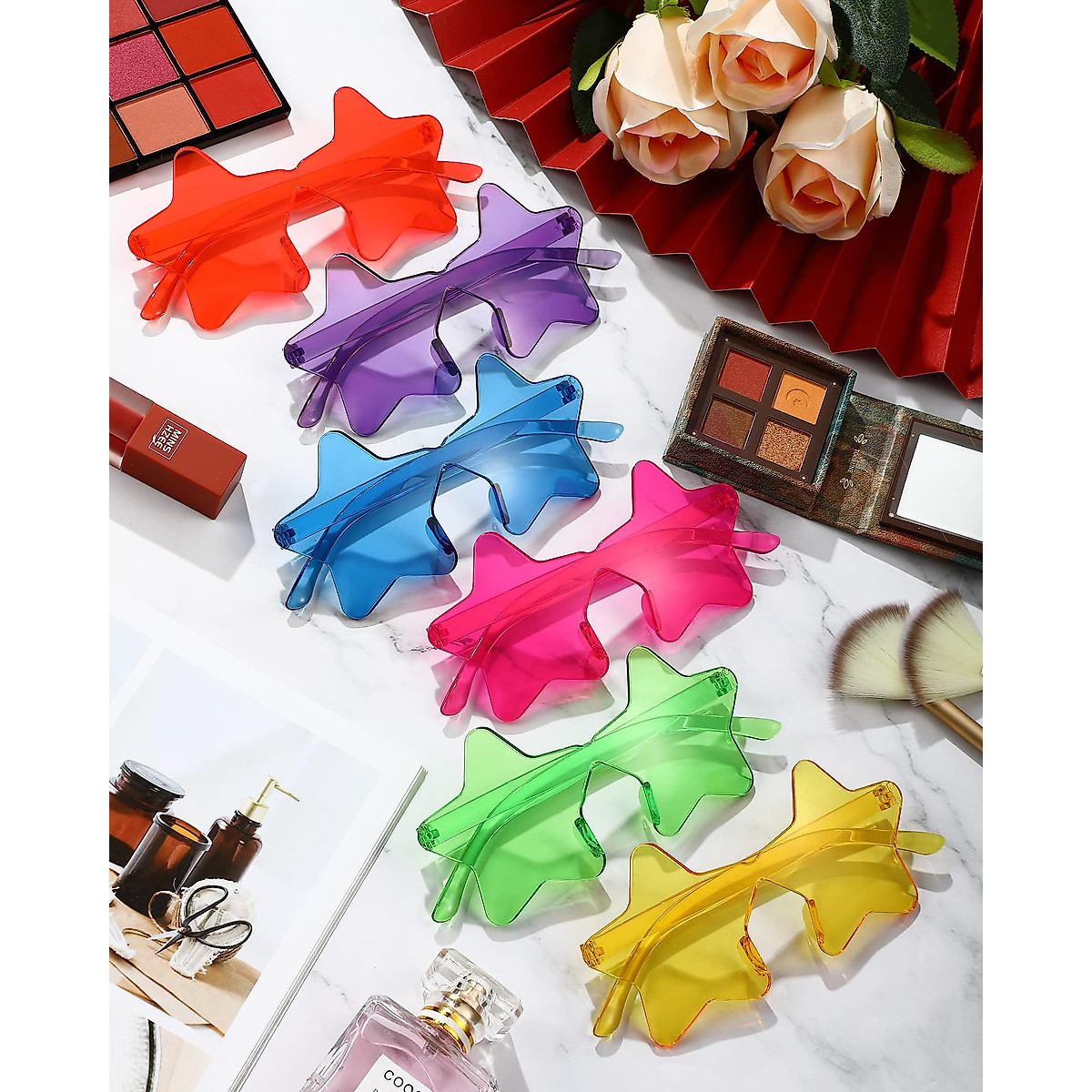 6 Pairs Star Shaped Rimless Sunglasses Neon Glasses Colored Transparent Neon Accessories for Halloween Women Men Party(Bright Color)