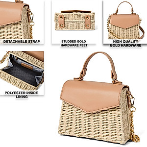 Like Dreams Fashion Chic Woven Straw Crossbody for Women Gold Chain Link Inner Plaid Fashion Summer Purse (Taupe)