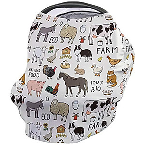 Framhouse Cartoon Animals Baby Nursing Cover for Breastfeeding, Breathable Stretchy Nursing Scarf Carseat Canopy for Boys or Girls Stroller Car Seat Covers Farm Animal