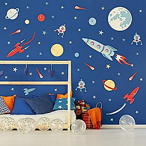 Colorful Outer Space Spacecraft Wall Decal (73pcs), Galaxy Solar System Wall Sticker for Nursery Explorer ,Planets Spaceship Stars Decal Playroom Classroom Decoration,Gift.