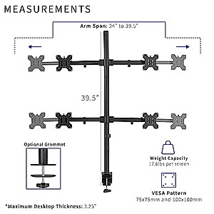 VIVO Premium Quad Ultra Wide LCD LED 27 to 38 inch Monitor Desk Mount, Heavy Duty C-clamp, Extra Tall Pole, Adjustable Telescoping Arms, Flush Wall Setup, Fits 4 Screens, Black, STAND-TS38C-4