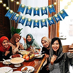 Eid Mubarak Paper Banner Eid Mubarak Bunting Banner with Led Fairy String Light 3 Flicker Modes, Eid Celebration Hanging Garland Decoration for Muslim Ramadan Party Supplies, No DIY Required (Blue)