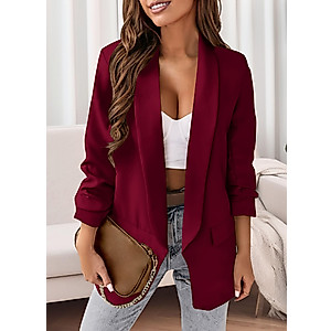 PRETTYGARDEN Womens Casual Blazers 2024 Fall Open Front Long Sleeve Work Office Jackets Blazer (Wine Red,Large)