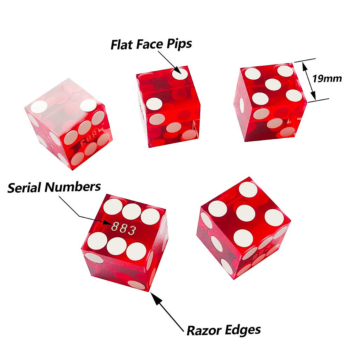 Yuanhe Set of 5 Grade AAA Precision 19mm Serialized Casino dice with Razor Edges and Corners - red …