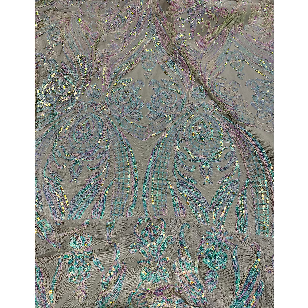 White Iridescent Geometric Stretch Sequin Fabric by The Yard | 4 Way Stretch Fabric Spandex Lace Fabric | White Stretch Mesh Embroidery with 3mm Sequin | White Iridesecent Sequin Fabric-Per Yard
