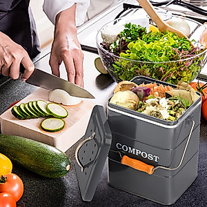 AVLA Compost Bin Kitchen Countertop, 1 Gallon Metal Composter Pail, Food Waste Composting Bucket, Odorless Trash Can with Lid, Scraps Caddy with Charcoal Filter, Counter Trash Keeper Container