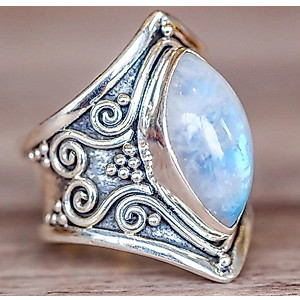 WDIYIEETN Vintage Silver Ring 925 Sterling Silver Natural Moonstone Women Jewelry Elegant Gemstone Wedding Ring(7)