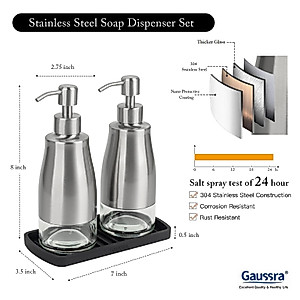Gaussra Kitchen Soap Dispenser Set with Silicone Tray - Brushed Nickel, Stainless Steel Glass Soap Dispenser Bathroom, Modern Farmhouse Decor, Refillable Hand Dish Soap Dispenser for Kitchen Sink