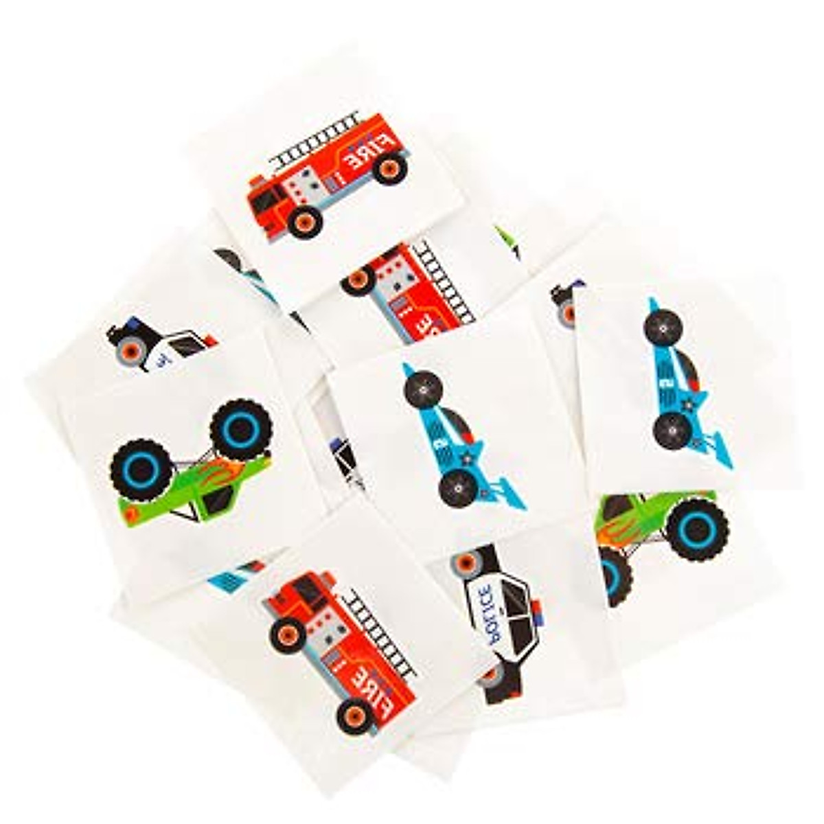 Party Supply Cars and Trucks Party Favors - Temporary Tattoos - Monster Truck, Racecar, Fire Truck, Police Car - 24 Cute Square Tattoos