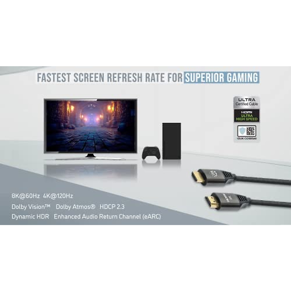 Manhattan 8K Ultra High Speed HDMI Cable with Ethernet – Certified 2.1-3ft, 7ft, 10ft - 4k 120hz, 8K 60hz, 48Gbps, Gold Contacts, Braided Cord –Lifetime Mfg Warranty -for Gaming, PS5, Xbox, TV, Roku