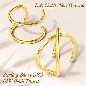 PAGOW 4x Fake Helix Ear Cuff Cartilage Earring No Piercing Earcuff, 925 Sterling Silver,14K Simple Criss Cross Double Lines Adjustable Minimalist Women Men Clip On adornment Gifts 2 styles (GOLD)