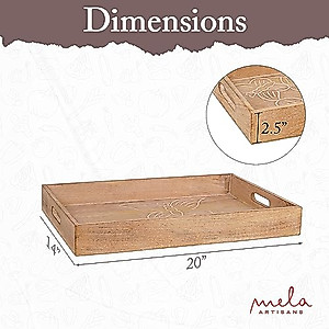 Wooden Whitewash Decorative Trays w/Handles - “Butterflies” Farmhouse Tray for Coffee Table - Wood Serving Tray for Breakfast in Bed - Mango Wood Decorative Tray w/Felt Pads - 20” x 14” x 2.5”