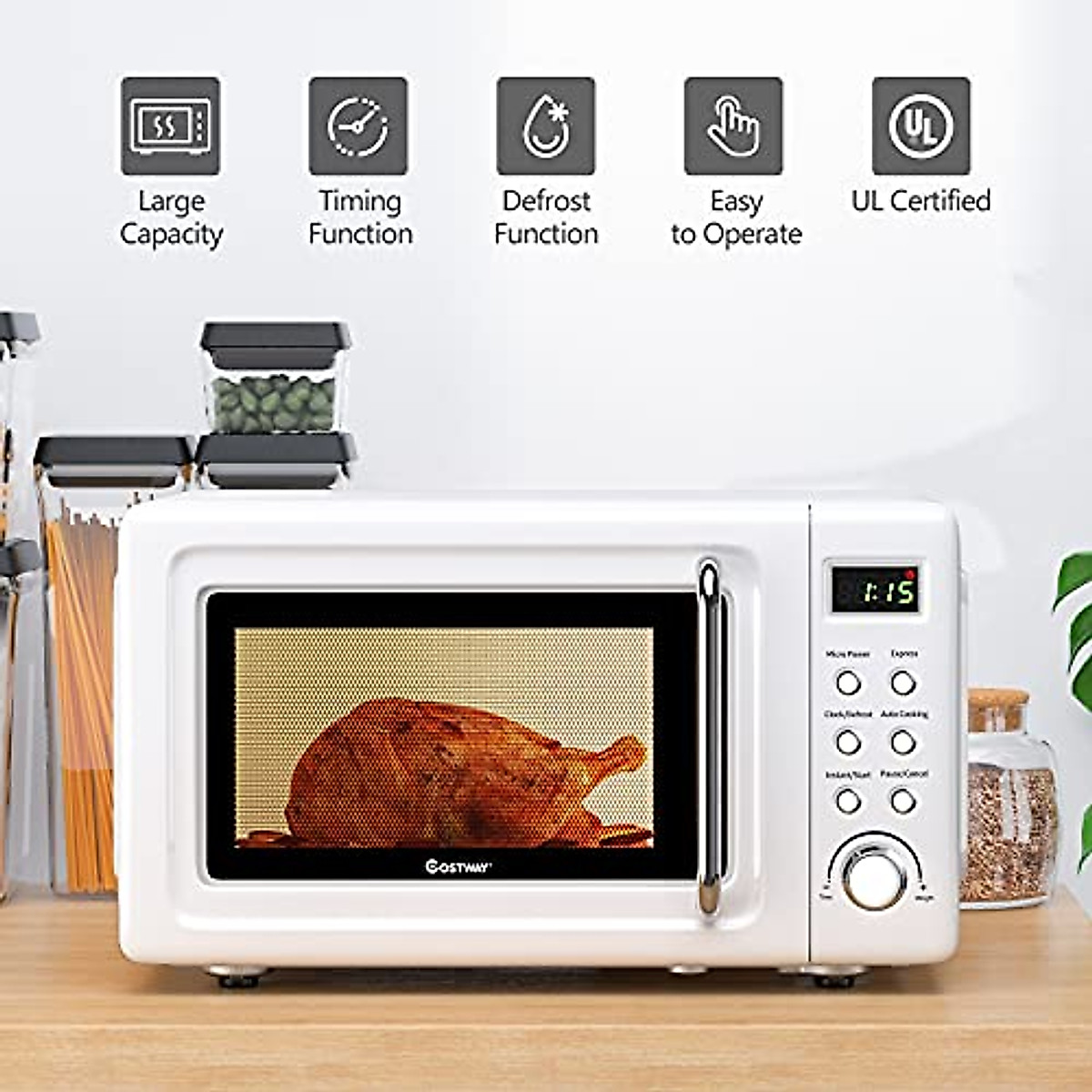COSTWAY Retro Countertop Microwave Oven, 0.7Cu.ft, 700-Watt, High Energy Efficiency, 5 Micro Power, Delayed Start Function, with Glass Turntable & Viewing Window, LED Display, Child Lock (White)