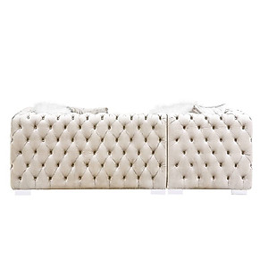 Acme Furniture Velvet Upholstered Sectional Sofa with 4 Pillows, Beige