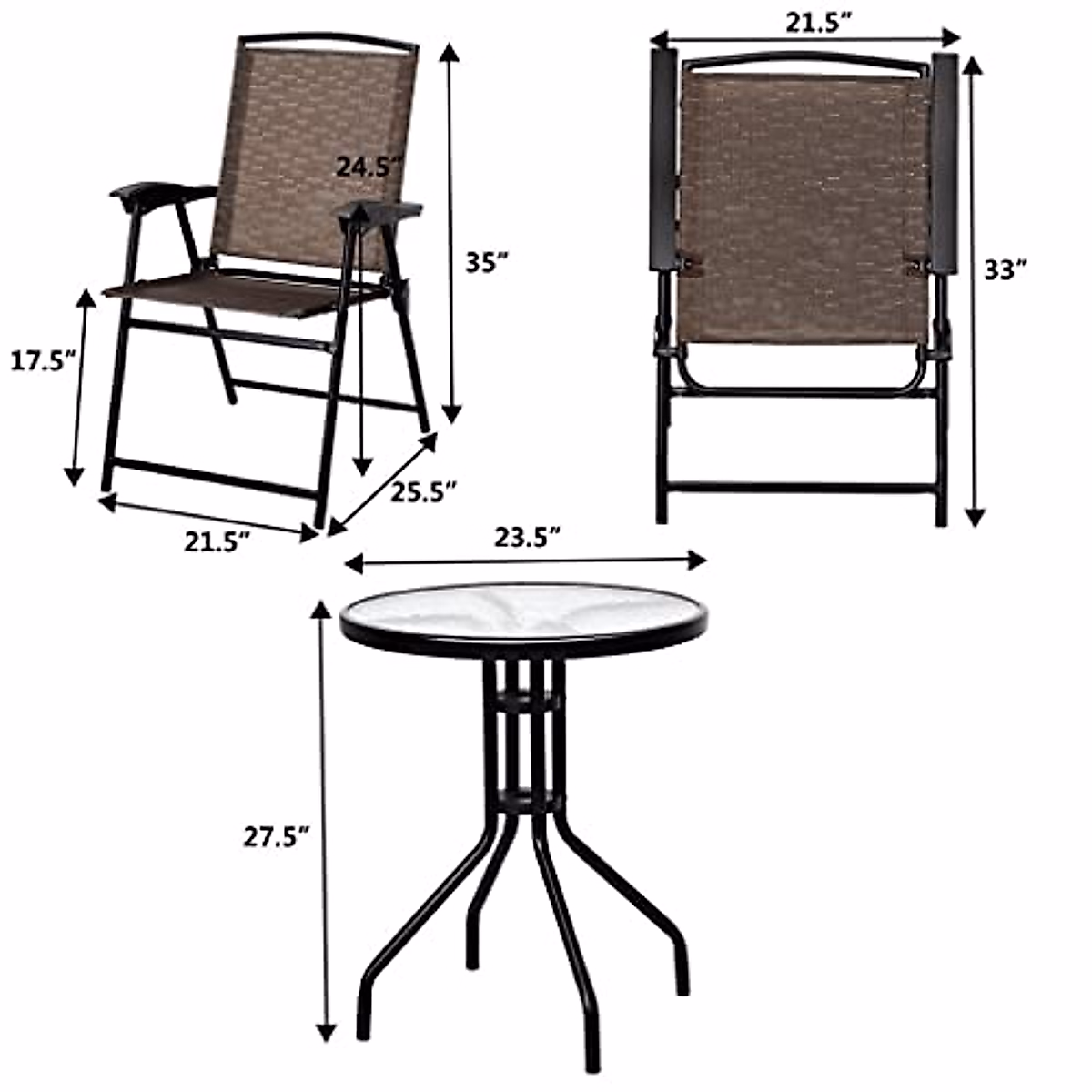 JYDQM 3PC Bistro Patio Garden Furniture Set 2 Folding Chairs Glass Table Top Steel Round Table
