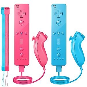 PGYFDAL Wii Controller 2 Pack, Wii Remote Controller and Nunchuck Joystick with Silicone Case and Wrist Strap for Holiday (Pink and Blue)