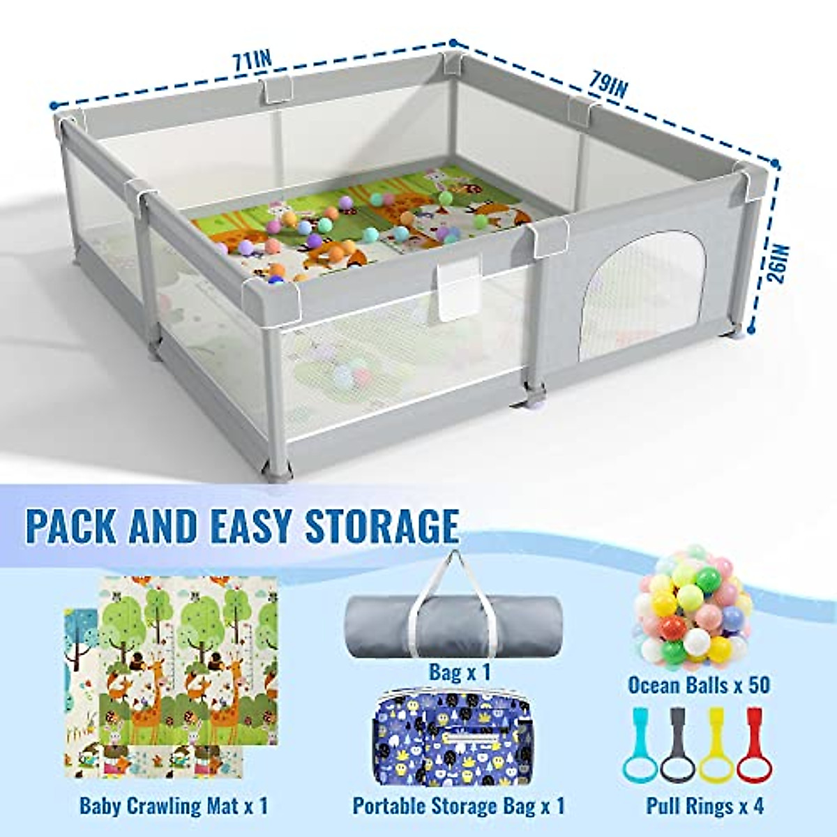 Baby Playpen 79" X 71" , LUTIKIANG Play Yard for Babies and Toddlers with Mat, Safety Extra Large Baby Fence Area, Indoor & Outdoor Kids Activity Play Center with Anti-Slip Suckers and Zipper Gate.