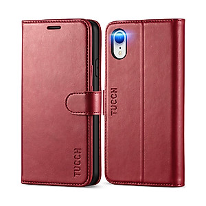 TUCCH Case Wallet for iPhone XR, Kickstand RFID Blocking Credit Card Slot PU Leather Folio Phone Cover with Wireless Charging [Shockproof TPU Shell] Compatible with iPhone XR 6.1, Dark Red