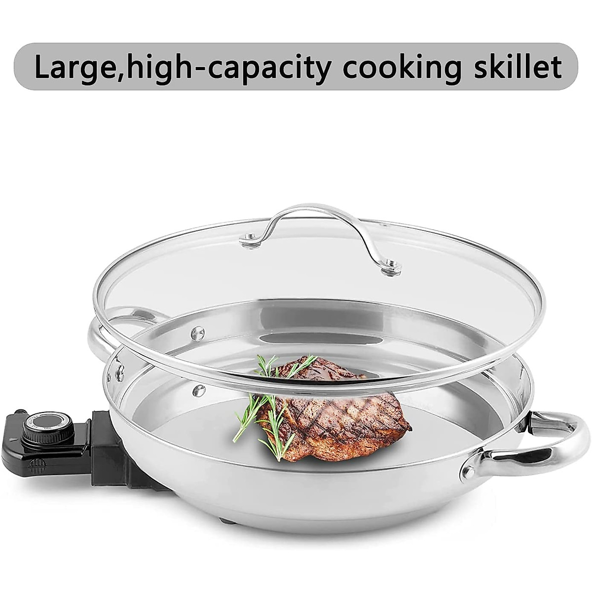 11.8-Inch Capacity Electric Skillet - for Simmer Fry Bake Steam (Silver)