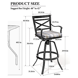 Crestlive Products Outdoor Swivel Bar Stools Set of 4, Patio Cast Aluminum Bar Stools with Sunbrella Cushion, Bar Height Chairs for Lawn, Garden, Backyard, Pool, Milano Char