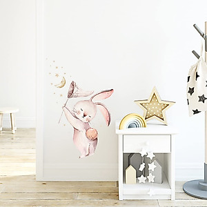 Wland 17.3 in x 25.6 in Cute Cartoon Rabbit Watercolor Bunny Catching Moon Stars Balloon Removable Vinyl Wall Decals Stickers for Children Room Nursery Decoration Baby Boy Girl Bedroom