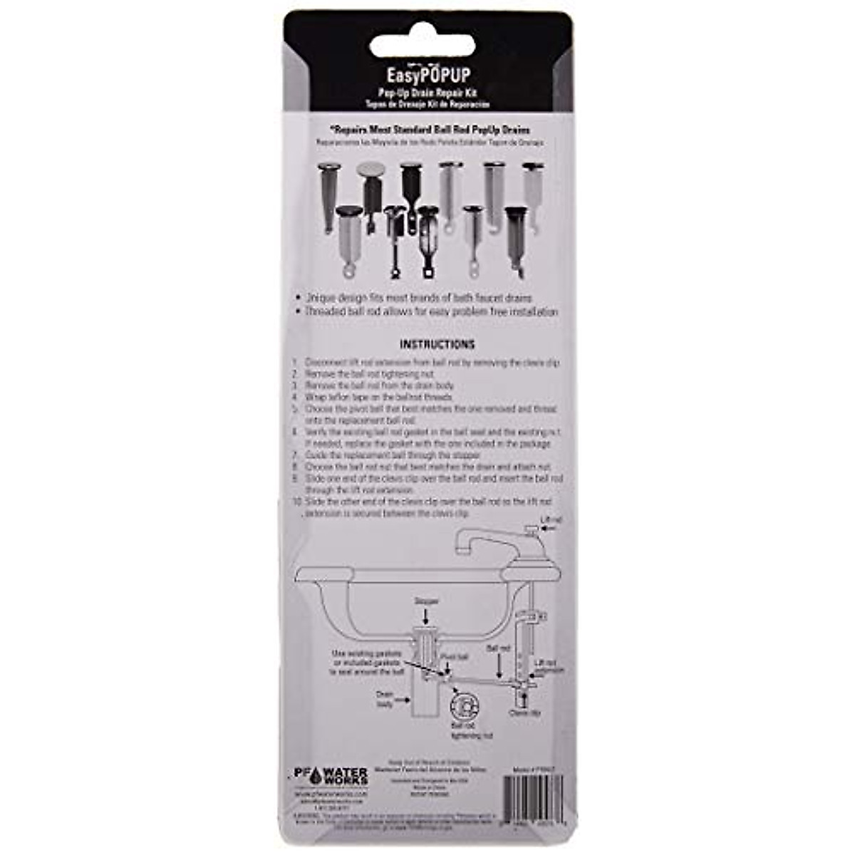 PF WaterWorks PF0907 Pop-Up Drain Repair Kit - Threaded Adjustable Center Pivot/Ball Rod with 3 Nuts, Gasket, 3 Sizes of Balls, with Pull Rod/Linkage, Chrome