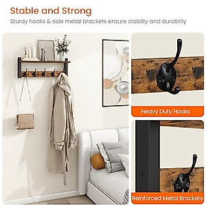 Homode Wall Hooks with Shelf, Wood Coat Rack with Shelf Wall-Mounted, Entryway Hanging Shelf with 5 Metal Hooks for Clothes Hats Towel Purse Robes, Bathroom Mudroom Bedroom, Rustic Brown Black