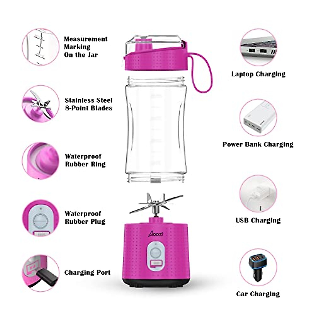 Personal Size Blender Smoothies and Shakes, Aoozi Portable Blenders, Mini Blender USB Rechargeable, Handheld Blender Sports,Travel and Home (Rasberry)