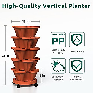 Tectsia Strawberry Vertical Planter Tower Garden, 5 Tiered Planter Stackable Herb Garden Planter with Movable Casters and Bottom Saucer Indoor and Outdoor - Terra Cotta