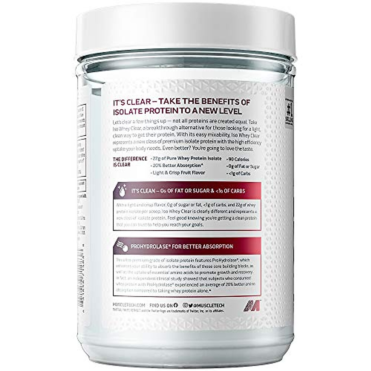 Whey Protein Powder | MuscleTech Clear Whey Protein Isolate | Whey Isolate Protein Powder for Women & Men | Clear Protein Drink | 22g of Protein, 90 Calories | Arctic Cherry Blast, 1.1lb (19 Servings)