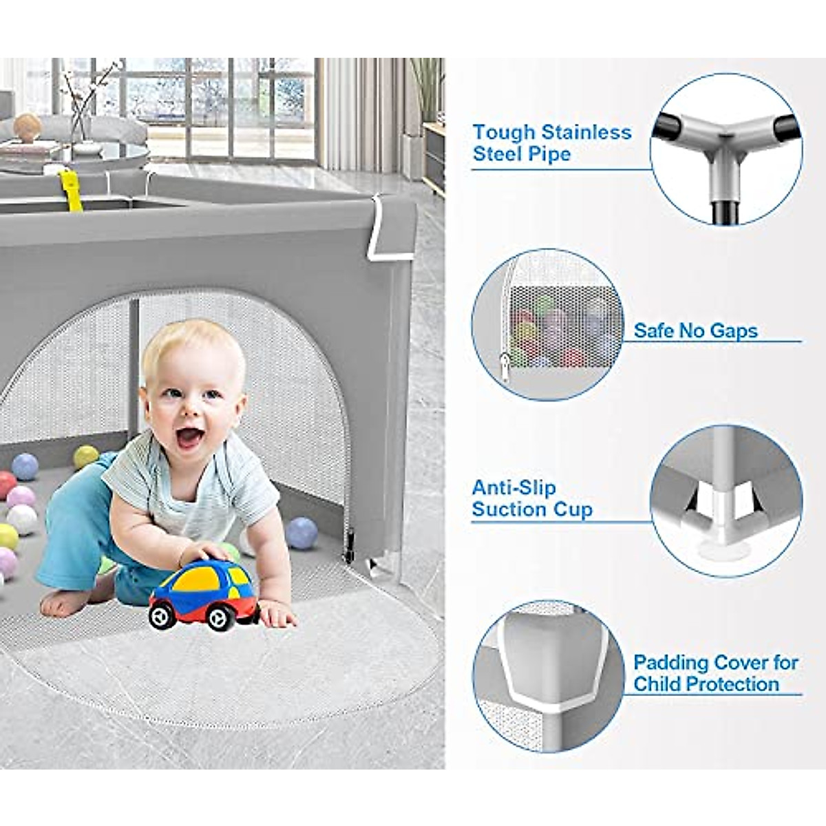 Baby Playpen,Playpen for Babies and Toddlers,Baby Play Yards Indoor,Safety Play Yard for Babies with Soft Breathable Mesh,No Gaps Large Baby Playpen, Small Playpen for Babies(36”×36”,Gray)