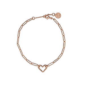 Pura Vida 6.75" Rose Gold Plated Open Heart Paperclip Bracelet - Brass Base, Adjustable Chain - 1" Extender