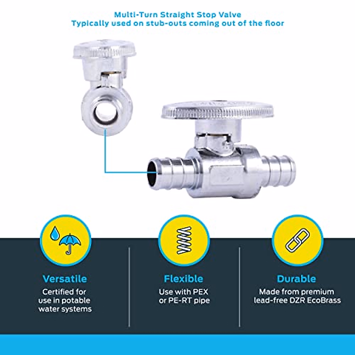 SharkBite 1/2 Inch Crimp Multi-Turn Straight Stop, Brass Plumbing Fitting, PEX Pipe, PE-RT, 23063LF