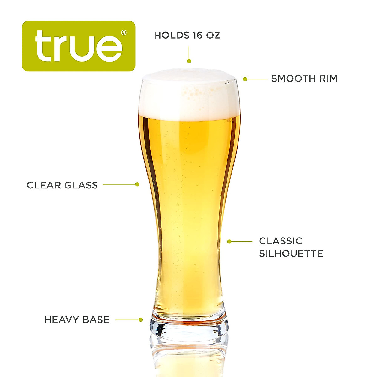 True Wheat Beer Glasses, Pilsner Beer Glass, Craft Brew Lovers Glassware, 23 Ounce, Large Beer Glasses, Set of 4 Pilsner Glasses, Clear Glass