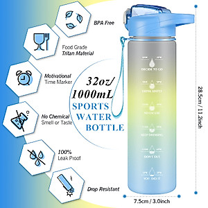 Spopal Motivational Water Bottle, [Leakproof] 32 Oz Plastic Water Bottle with Straw, [BPA Free] Reusable Sports Water Bottle, Ideal Gift for Gym,Fitness,Hiking, Travel,Outdoor Sports (Blue)