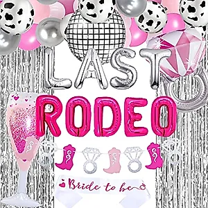 Nashville Cowgirl Last Rodeo Bachelorette Party Bridal Shower Backdrop Decorations,Hot Pink Last Hoedown Garland,Fushia Western Wedding Balloons Arch, Last Ride Let's Go Girl Disco Silver Foil Curtain