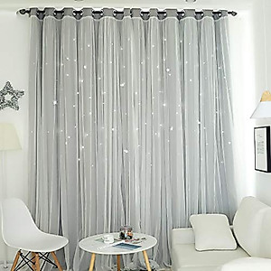 Unistar 2 Panels Stars Blackout Curtains for Bedroom Girls Kids Baby Window Curtain Double Layer Star Cut Out Aesthetic Living Room Decor Wall Home Decorations Curtain,W52 x L95 Inches,Grey