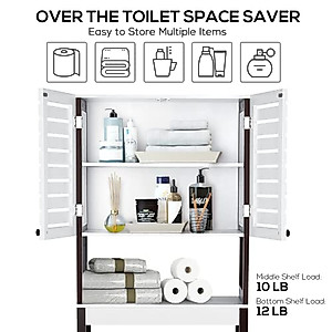 VOWNER Over The Toilet Storage Cabinet, 3-Tier Bathroom Organizer with Louvered-Style Doors and Adjustable Shelf, White and Coffee Brown MDF Board