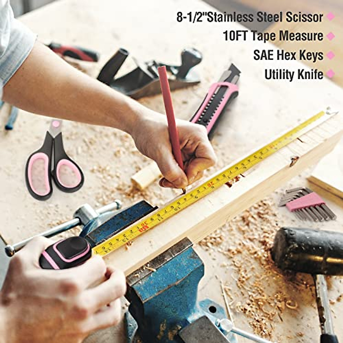 WORKPRO 52-Piece Pink Tools Set, Household Tool Kit with Storage Toolbox, Basic Tool Set for Home, Garage, Apartment, Dorm, New House, Back to School, and as a Gift - Pink Ribbon