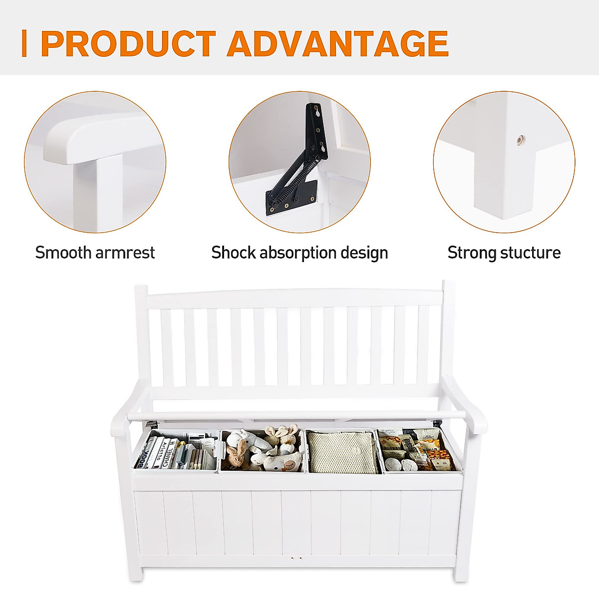 Outdoor Storage Bench Loveseat Deck Box Bench with Arm Back Patio Furniture 2-Seat Container Solid Wood for Garden Tools & Pool Toys Deck Storage Bench for Patio Garden Storage Porch White 450lbs