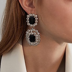 fxmimior Women Bride Wedding Boho Statement Large Black Rhinestones Elegant Earrings Silver Tassel Full Rhinestones Long Chain Drop Dangle Prom Earrings Jewelry for Women Girls (Gold)