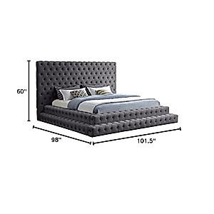 Meridian Furniture Revel Collection Velvet Upholstered Bed with Deep Button Tufting, King, Grey