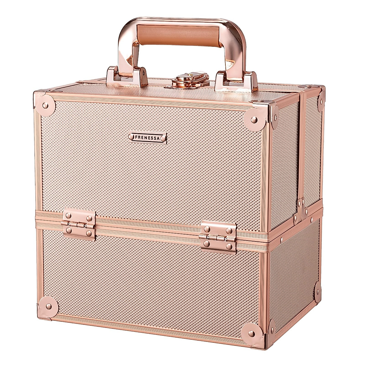 FRENESSA Makeup Train Case 10 Inch Travel Beauty Cosmetic Box Professional 4-trays Jewelry Storage Organizer with Lockable Portable for Women and Girls - Rose Gold