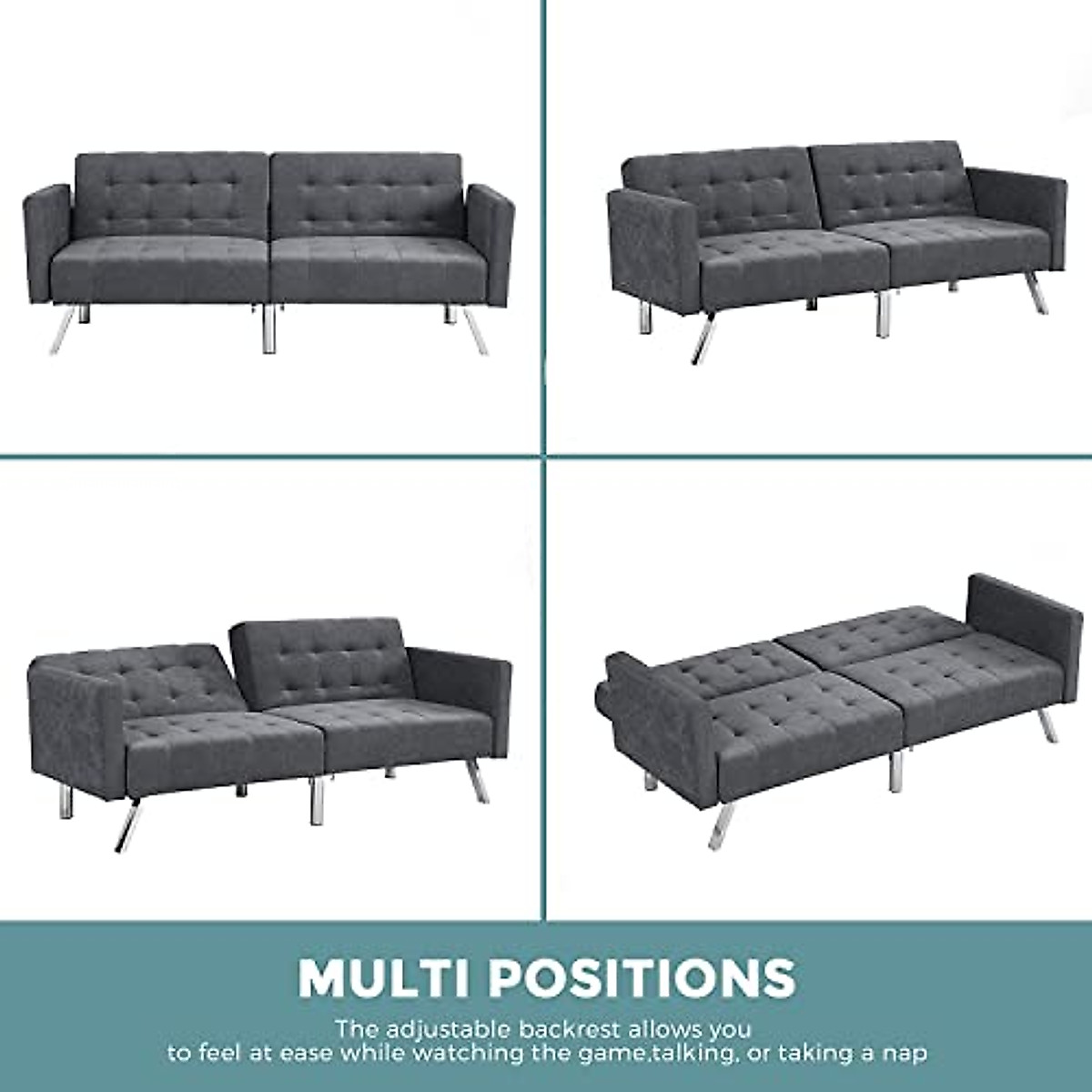 75"Convertible Folding Futon Sofa Bed,Split Back Design,Modern Fabric Sleeper Couch Bed with Armrest and Chrome Legs,Upholstered Recliner Loveseat for Living Room Apartment Dorms Office (Dark Grey)